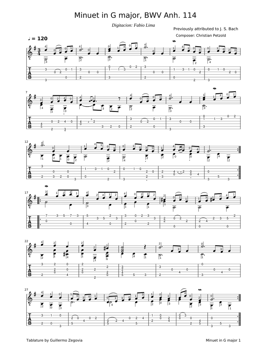 J.S. Bach - Minuet in G major BWV Anh 114 (Classic Guitar) Sheet Music ...