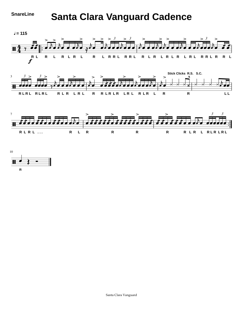 Santa Clara Vanguard Cadence (Snare Line) Sheet Music for Snare drum ...