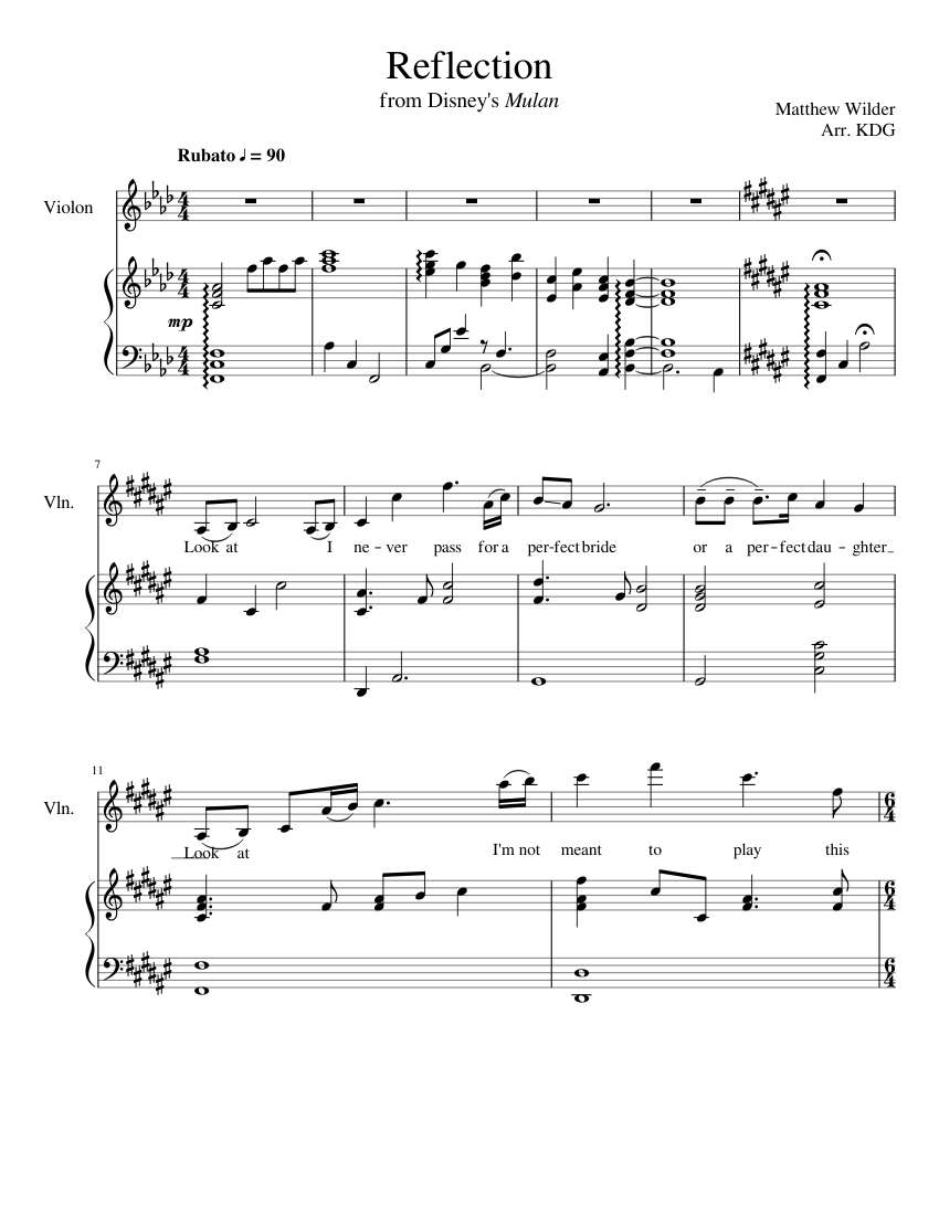 Reflection Matthew Wilder Mulan Violin Piano duo Sheet Music for Piano ...