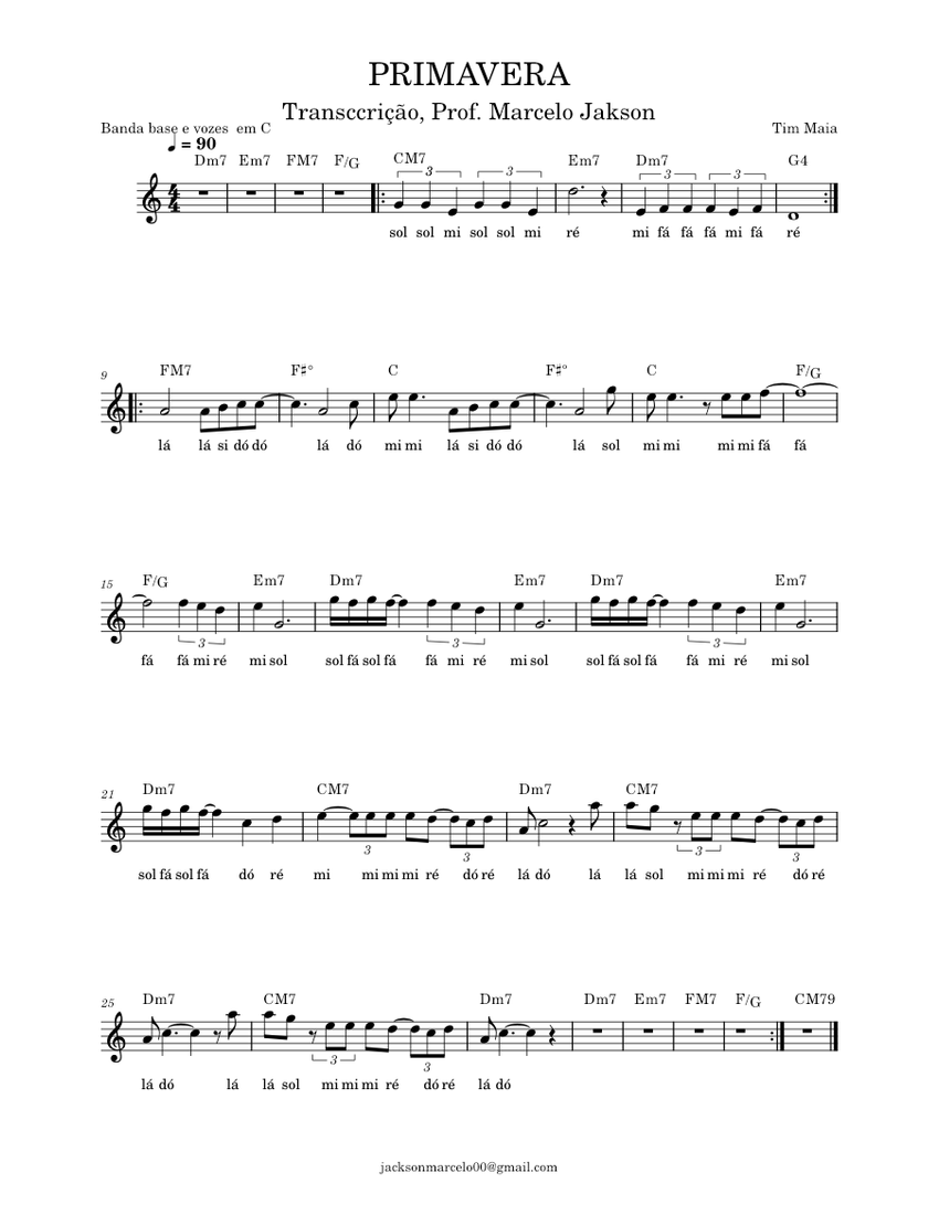 Primavera – Tim Maia PRIMAVERA PARA BANDA BASE E VOZ EM C Sheet Music ...