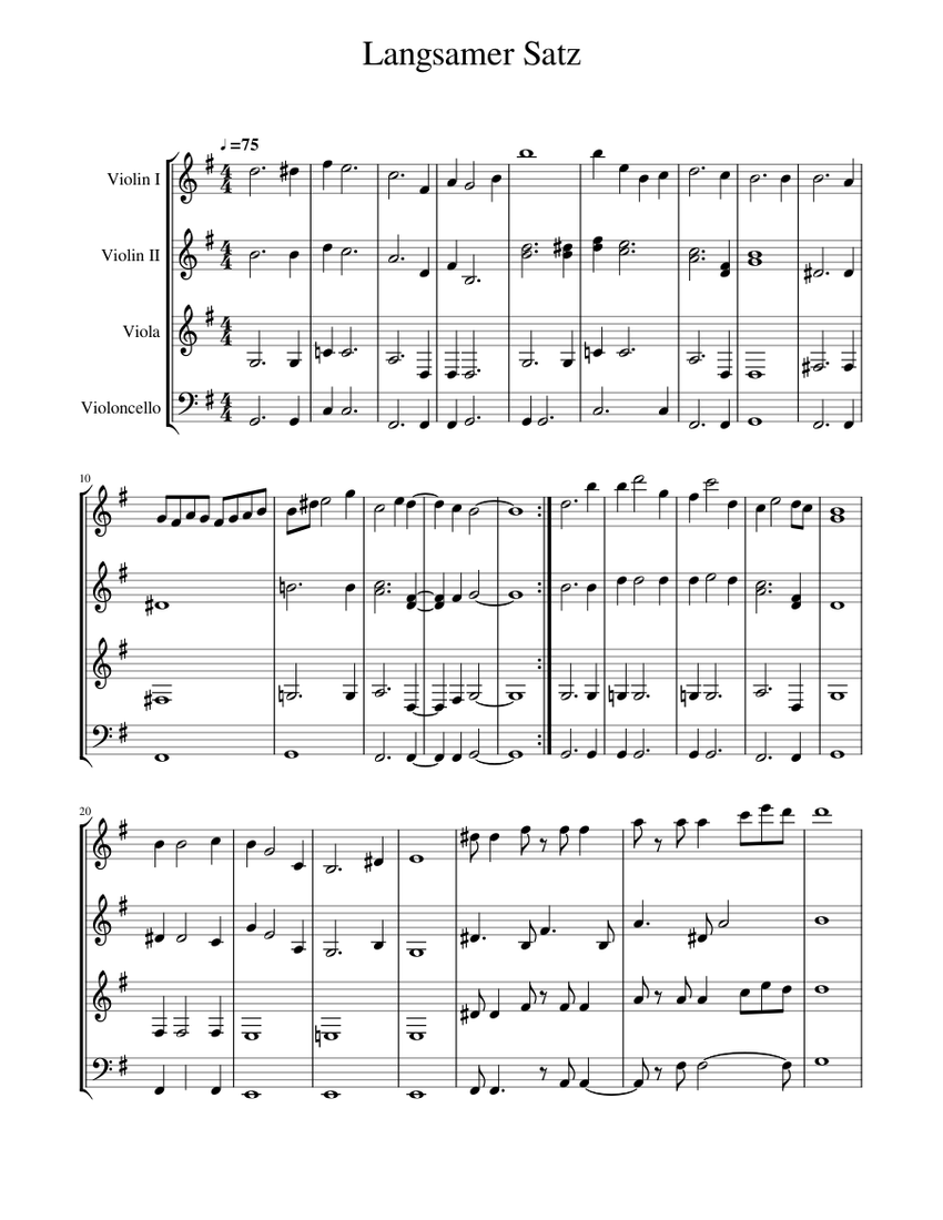 Langsamer Satz Sheet Music for Violin, Viola, Cello (String Quartet ...