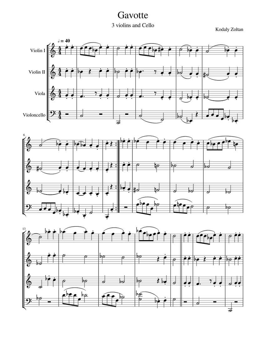 Gavotte - Kodaly Sheet Music for Violin, Viola, Cello (String Quartet ...