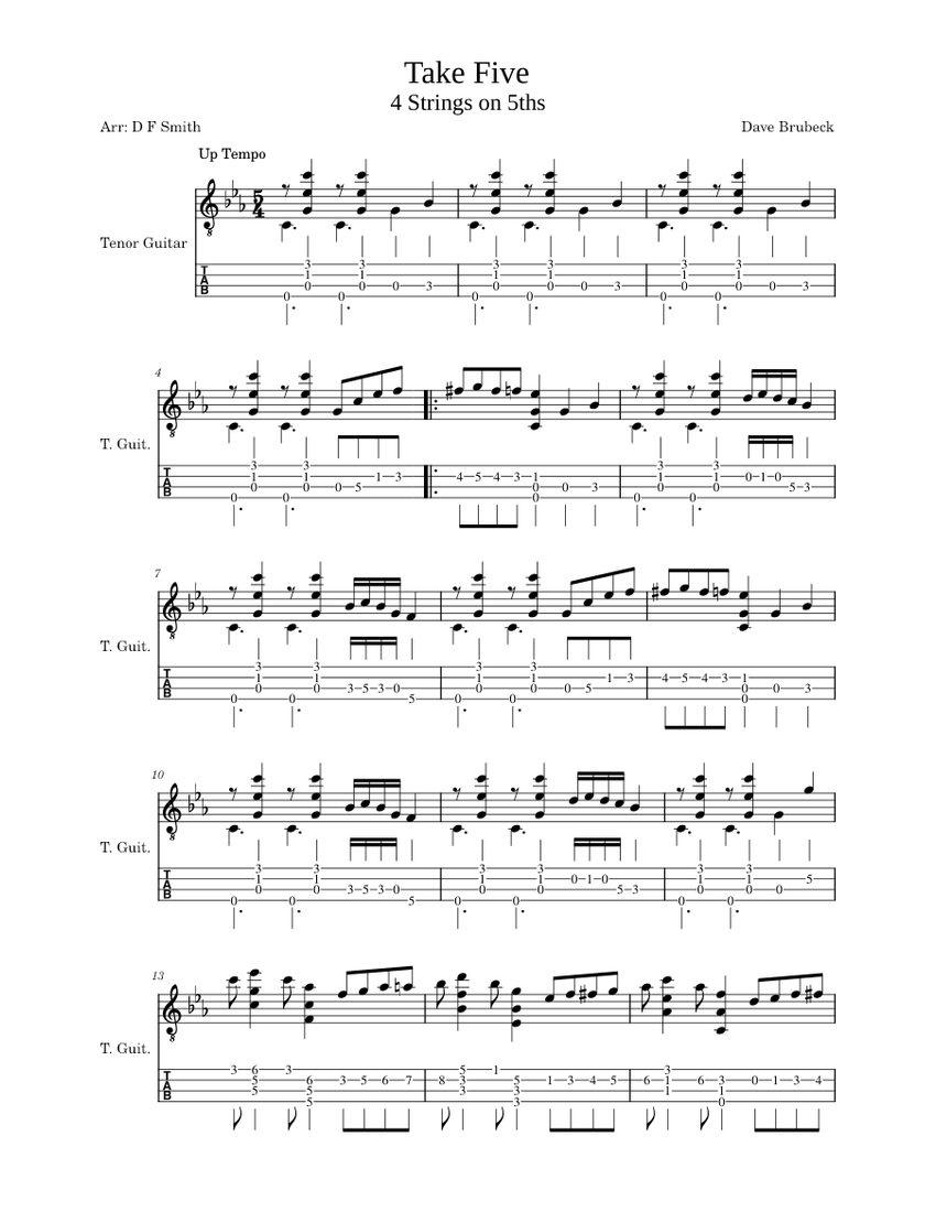 Take Five – The Dave Brubeck Quartet Sheet Music and Tab for Guitar ...