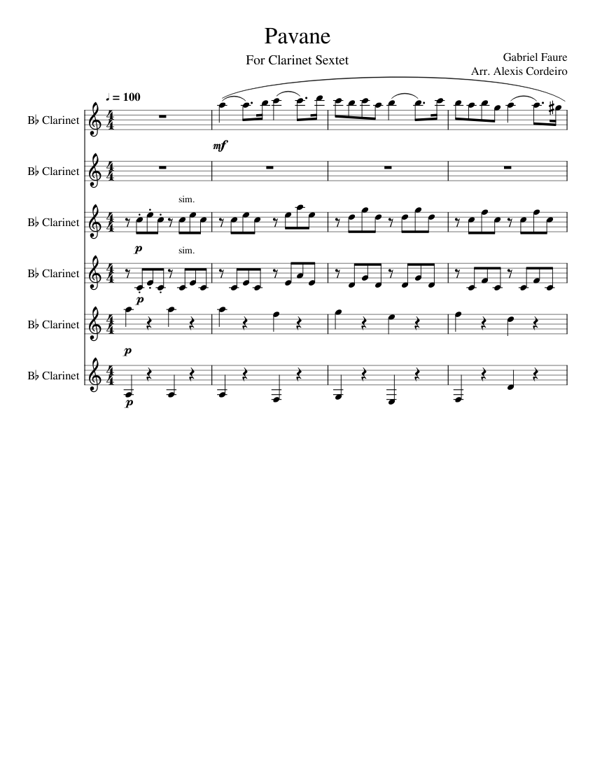 Pavane Clarinet Sextet Sheet music for Clarinet in b-flat (Woodwind ...