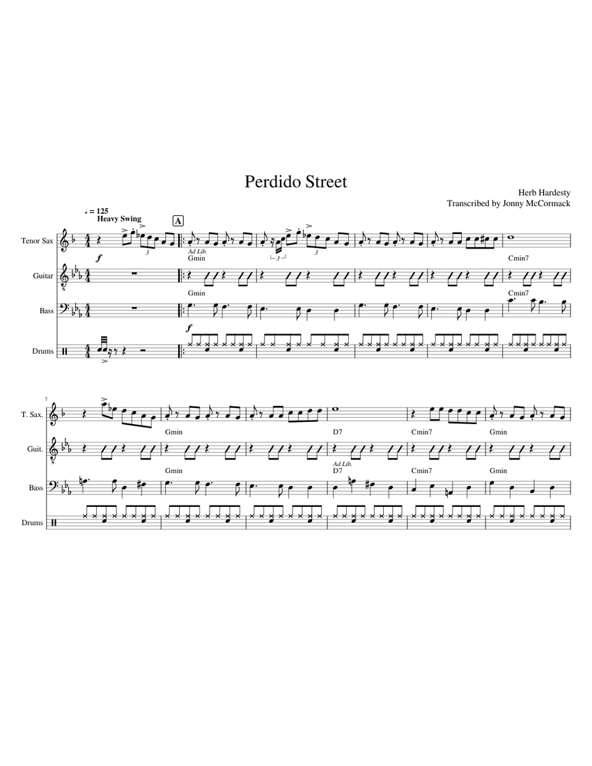 Perdido Street Sheet Music with Chords for Saxophone tenor, Guitar ...