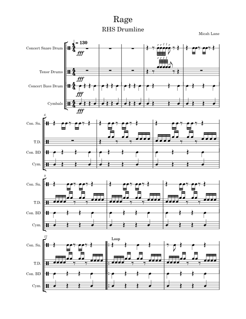 Rage - Cadence Sheet music for Snare drum, Crash, Tenor drum, Bass drum ...