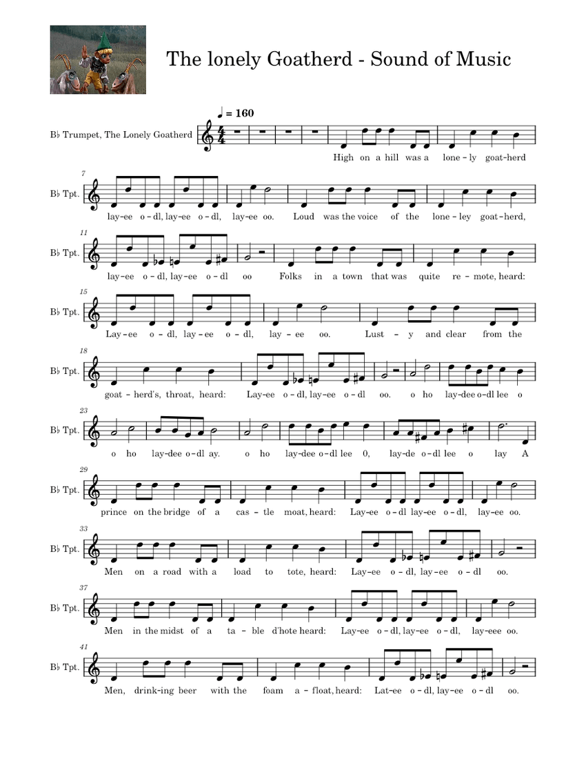 Sound of Music - The lonely goatherd Sheet Music for Trumpet in b-flat ...