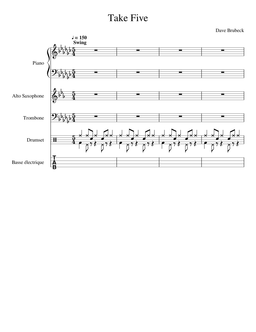 Take Five Sheet Music for Piano, Trombone, Saxophone alto, Bass guitar ...