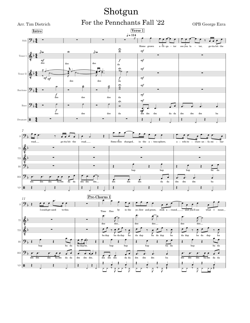 Shotgun - George Ezra Sheet Music for Piano, Trumpet in b-flat, Drum ...