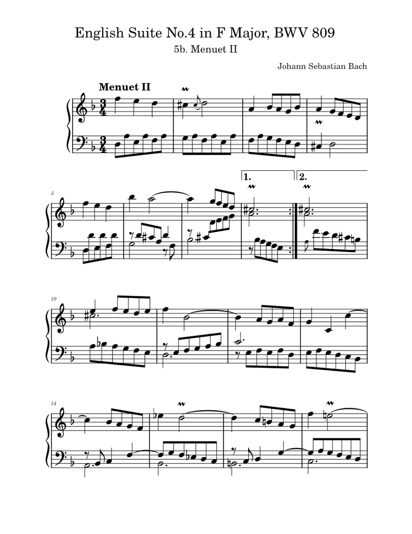Johann Sebastian Bach - English Suite No.4 in F Major, BWV 809 5b. Menuet II Sheet music for ...