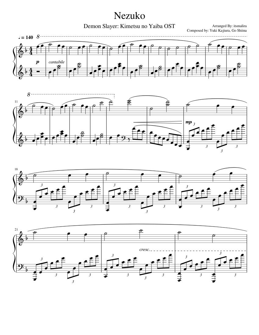 Nezuko from Demon Slayer: Kimetsu no Yaiba Sheet Music for Piano (Solo ...