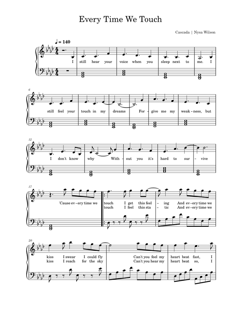 Cascada - Every Time We Touch | Piano Solo Sheet Music for Piano (Solo ...