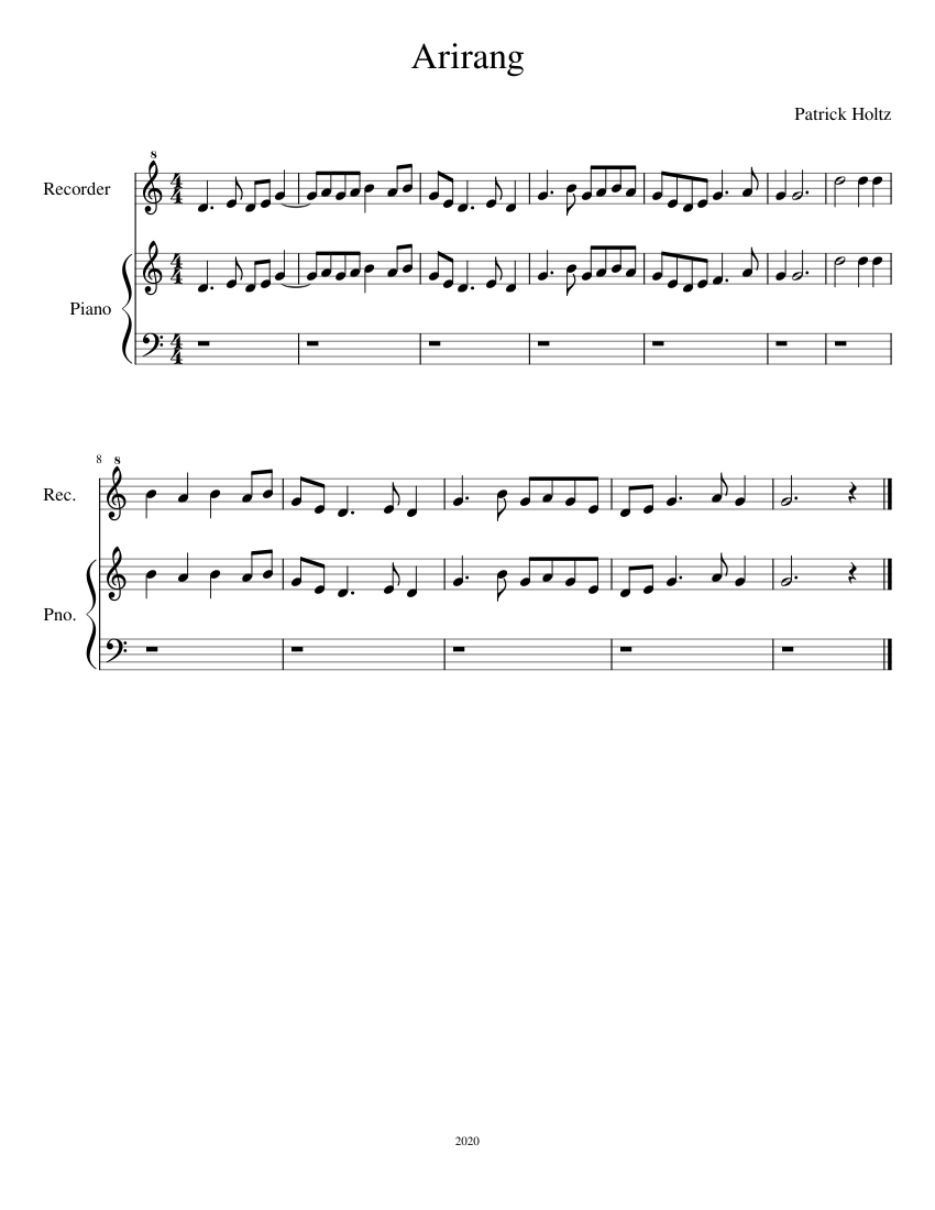 Arirang Sheet music for Piano, Recorder (Mixed Duet) | Musescore.com