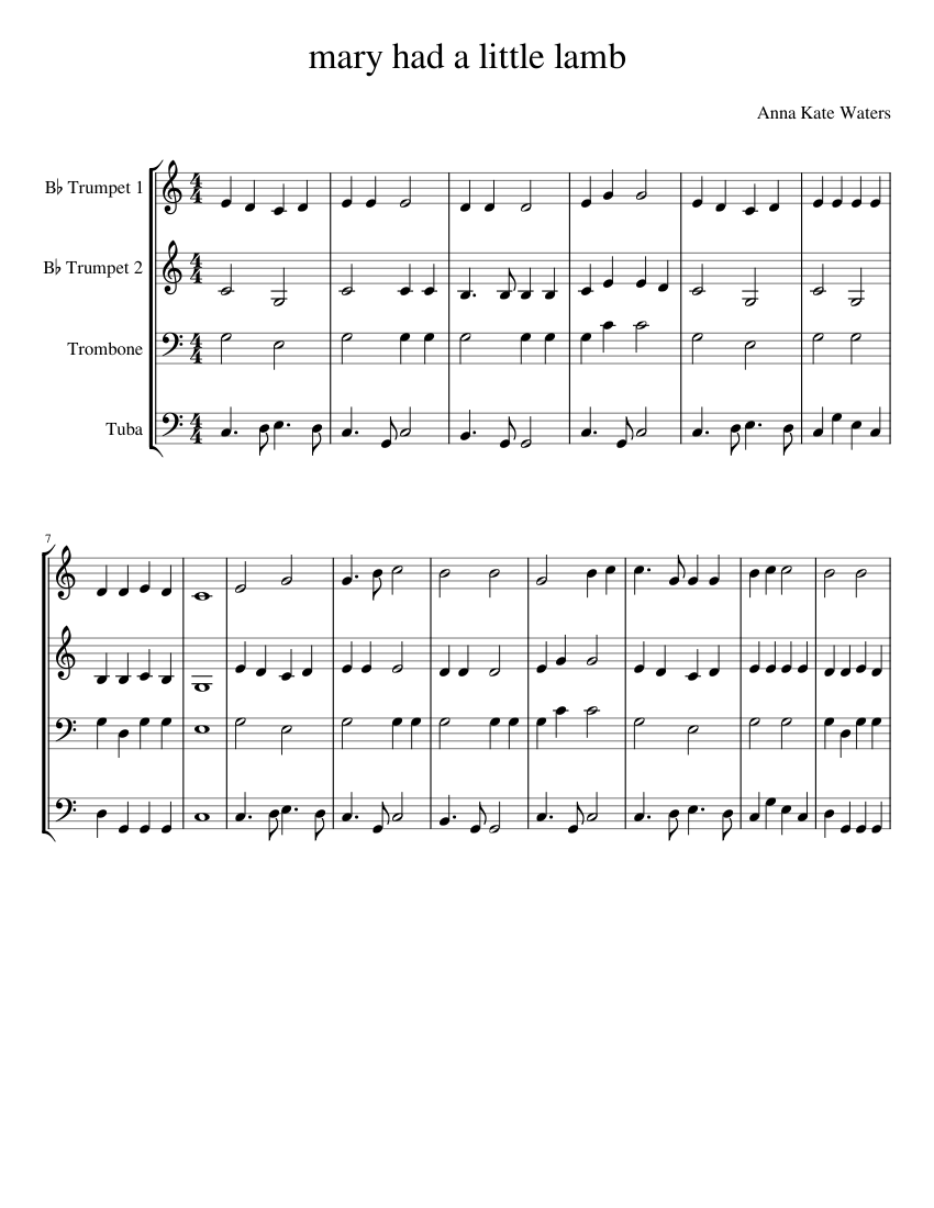 Mary had a little lamb Sheet Music for Trombone, Tuba, Trumpet in b ...