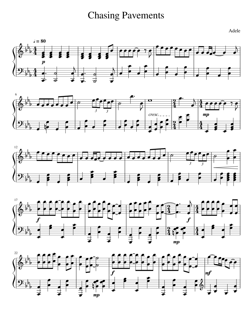 Chasing Pavements - Adele (piano solo) Sheet Music for Piano (Solo ...