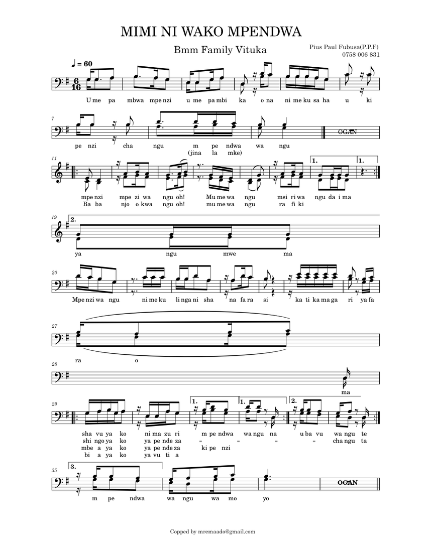MIMI NI WAKO MPENDWA Sheet Music with Chords for Piano (Solo) easy ...