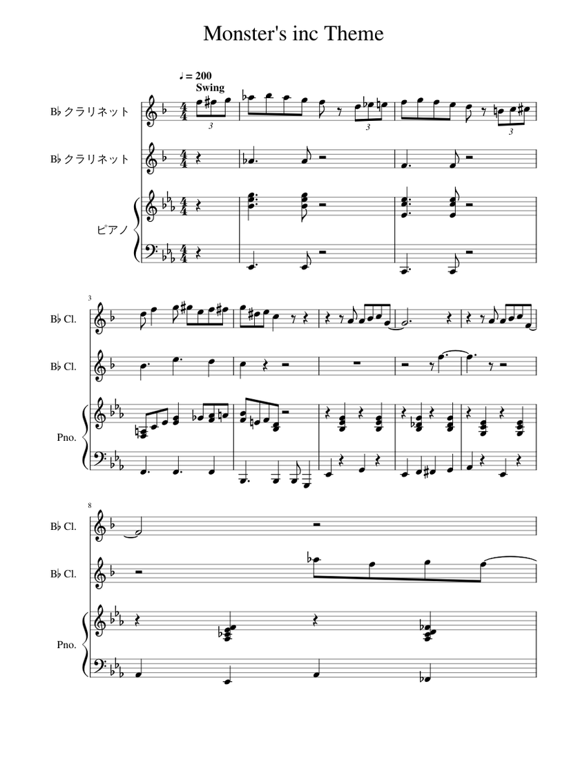 monster's inc theme Sheet music for Piano, Clarinet in b-flat (Mixed ...