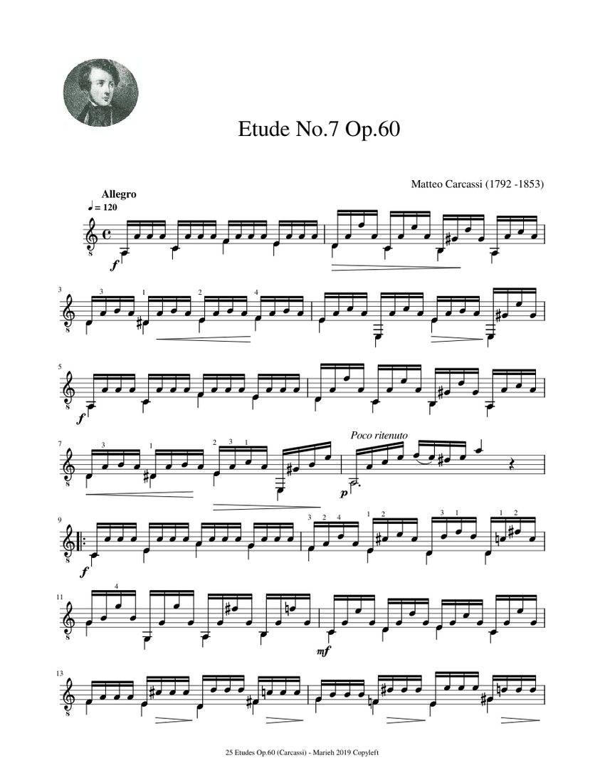 Etude No.7 Op.60 - Matteo Carcassi (1792 - 1853) Sheet Music for Guitar ...