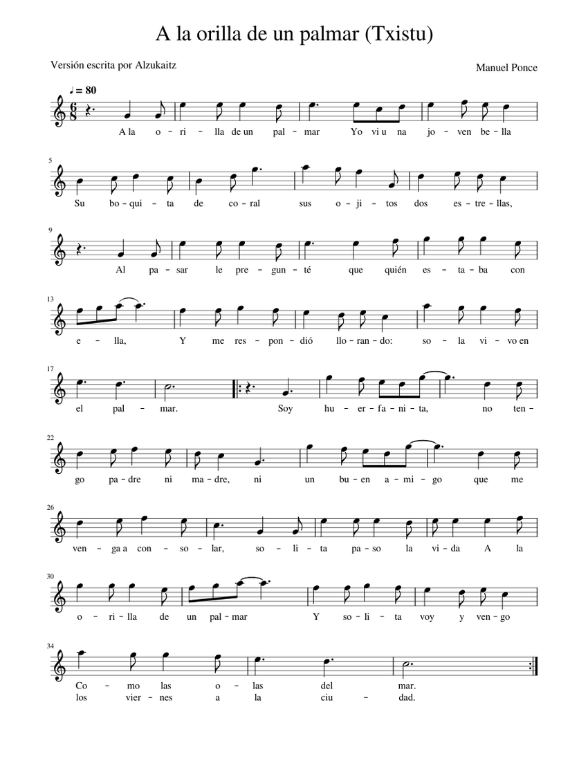 A_la_orilla_de_un_palmar Sheet Music for Piano (Solo) Easy | MuseScore.com