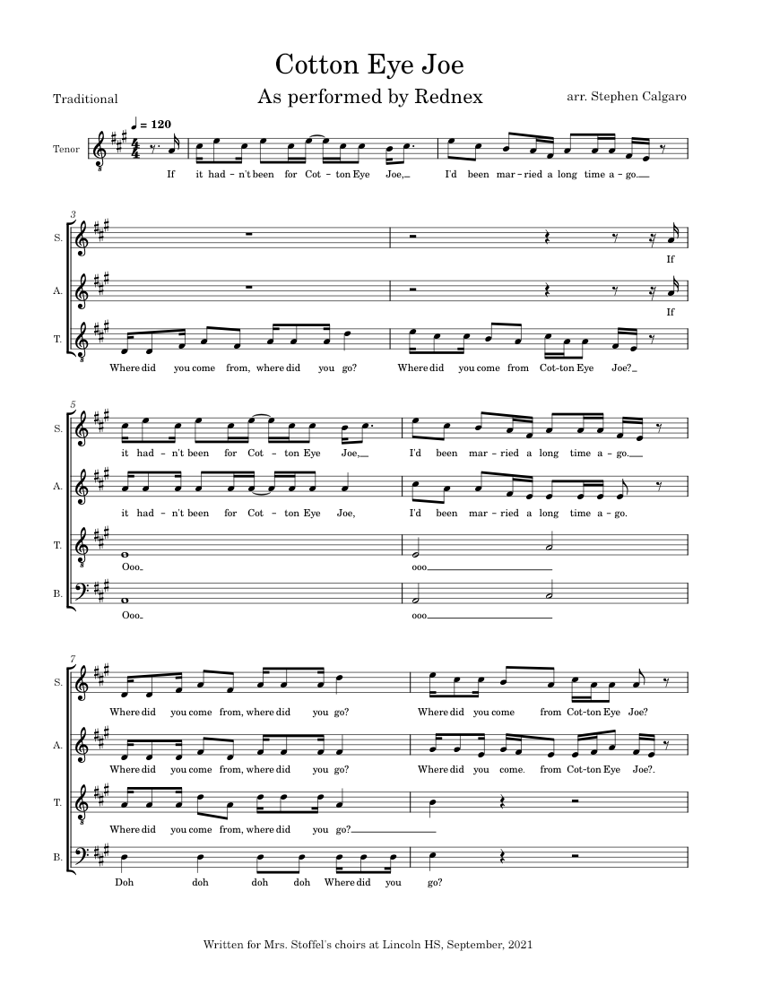 Cotton Eye Joe – Rednex (SATB) Sheet Music for Soprano, Alto, Tenor ...