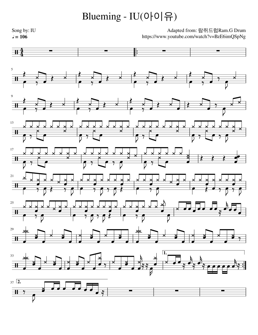 Blueming-iu (Drum Set Score) Sheet Music for Drum group (Solo) | MuseScore.com