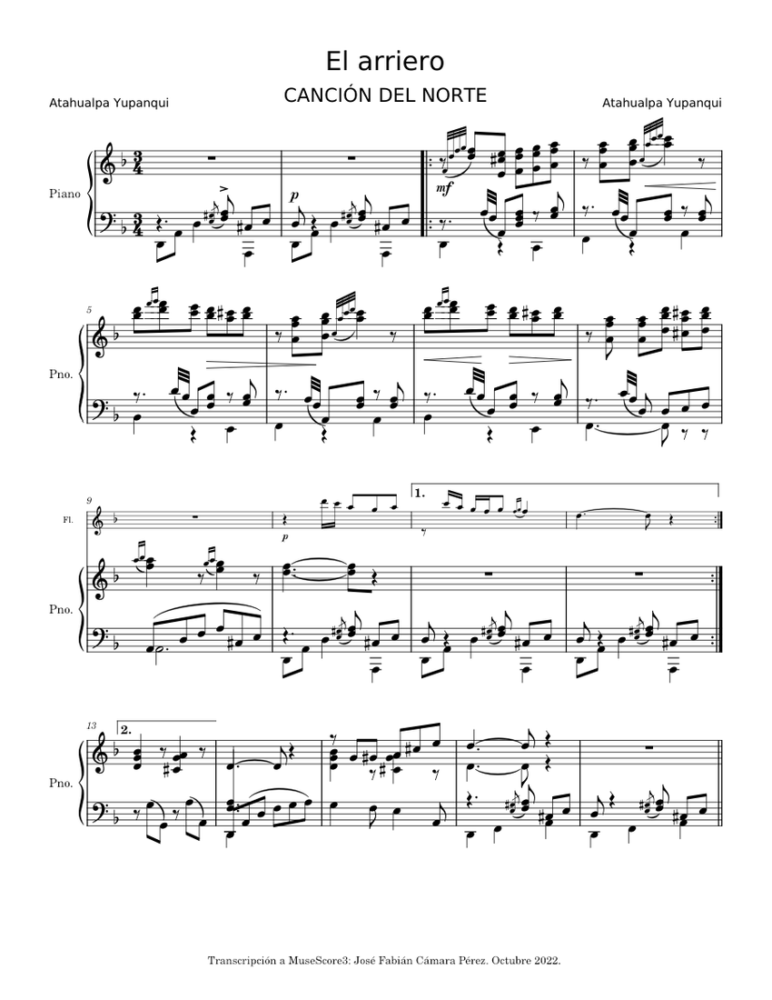 El arriero – Atahualpa Yupanqui Sheet music for Piano, Flute (Solo ...