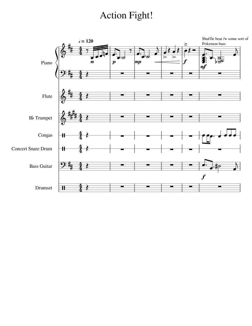 Action_Fight? Sheet music for Piano, Flute, Trumpet in b-flat, Snare ...