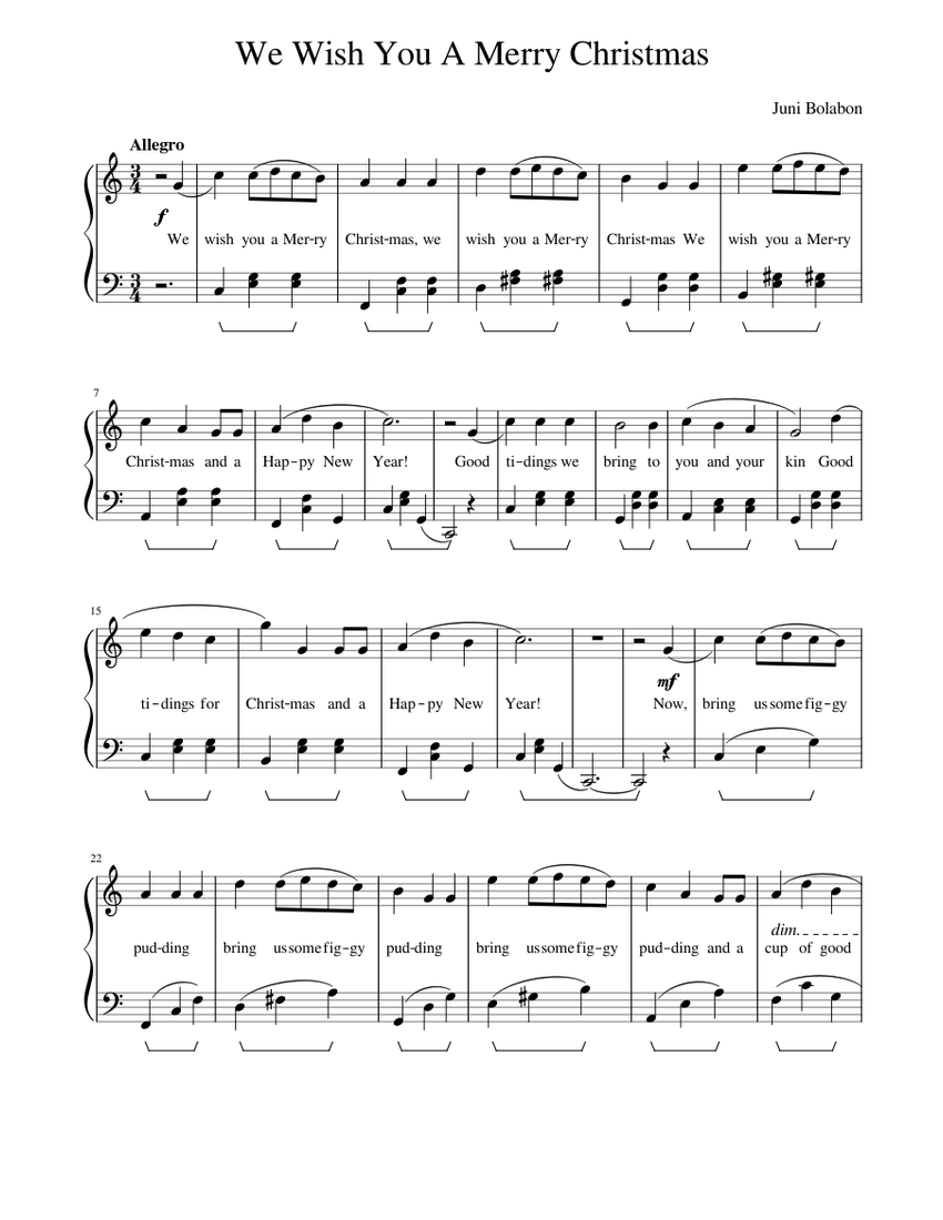 We Wish You A Merry Christmas Sheet Music for Piano (Solo) Easy ...