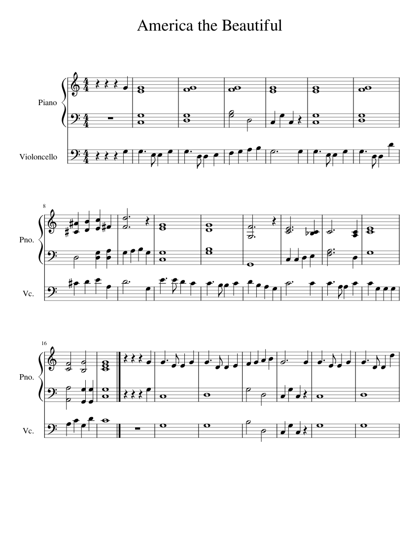 America the Beautiful Sheet Music for Piano, Cello (Solo) | MuseScore.com