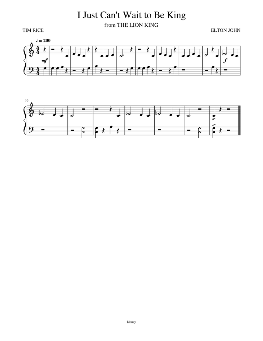 I Just Can't Wait to Be King Sheet Music for Piano (Solo) Easy ...