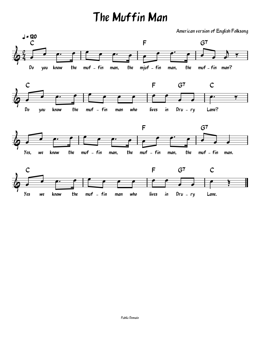The Muffin Man (Lead sheet with lyrics ) Sheet Music with Chords for ...