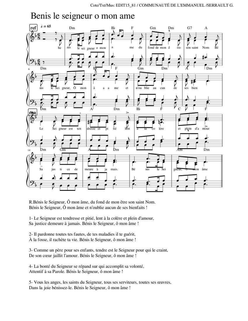 benis le seigneur o mon ame-C114-DP-SATB-PSAUME Sheet Music for Piano (SATB) | MuseScore.com