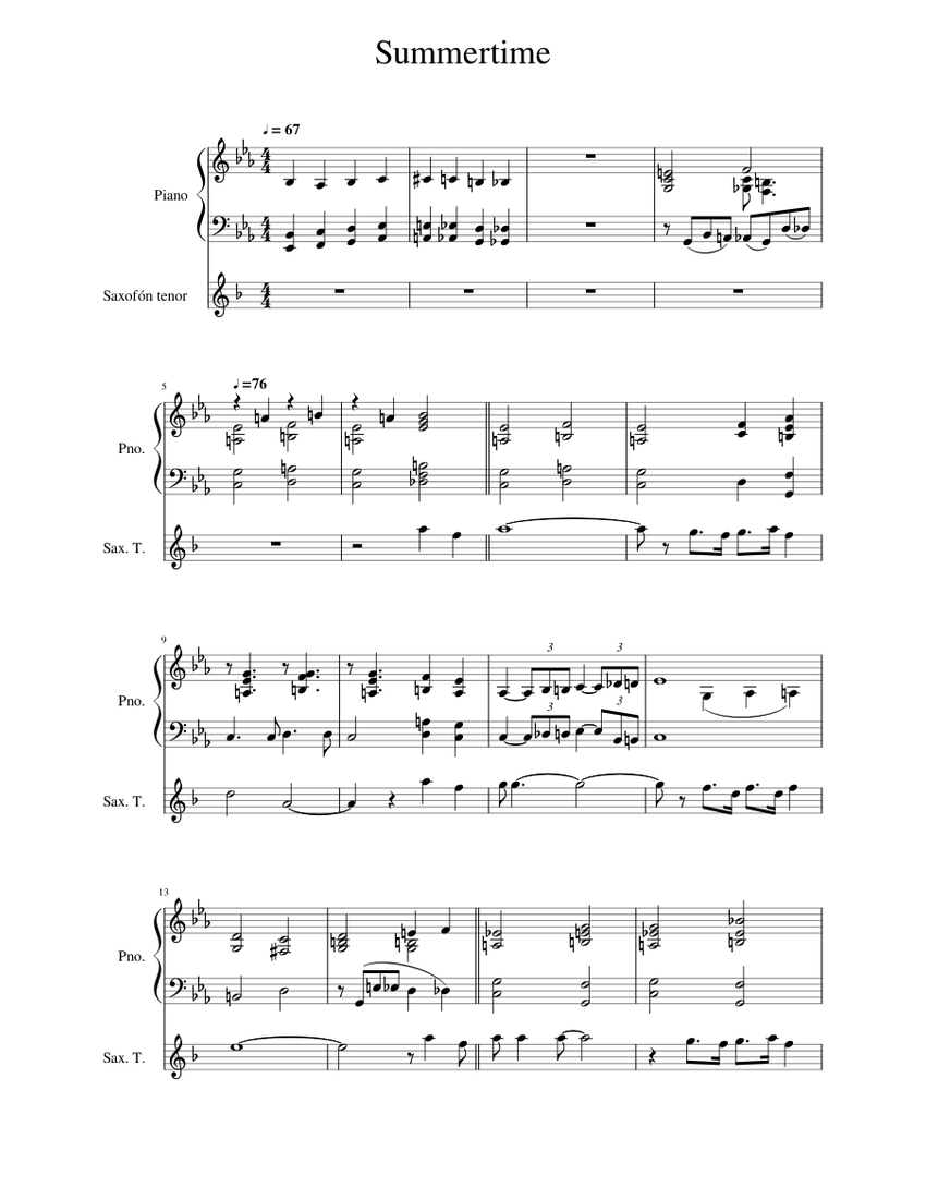 Summertime Saxo and piano Sheet Music for Piano, Saxophone tenor (Solo ...