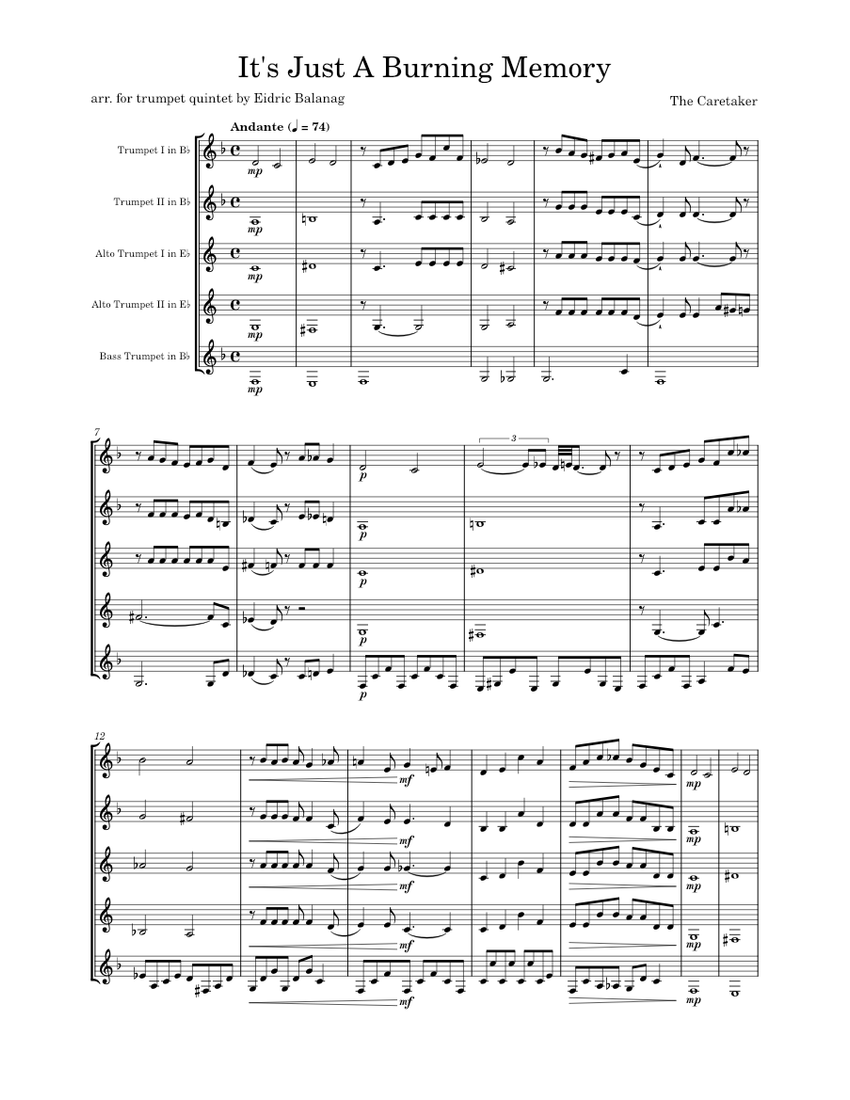 It's Just A Burning Memory (Trumpet Quintet Arrangement) Sheet Music ...