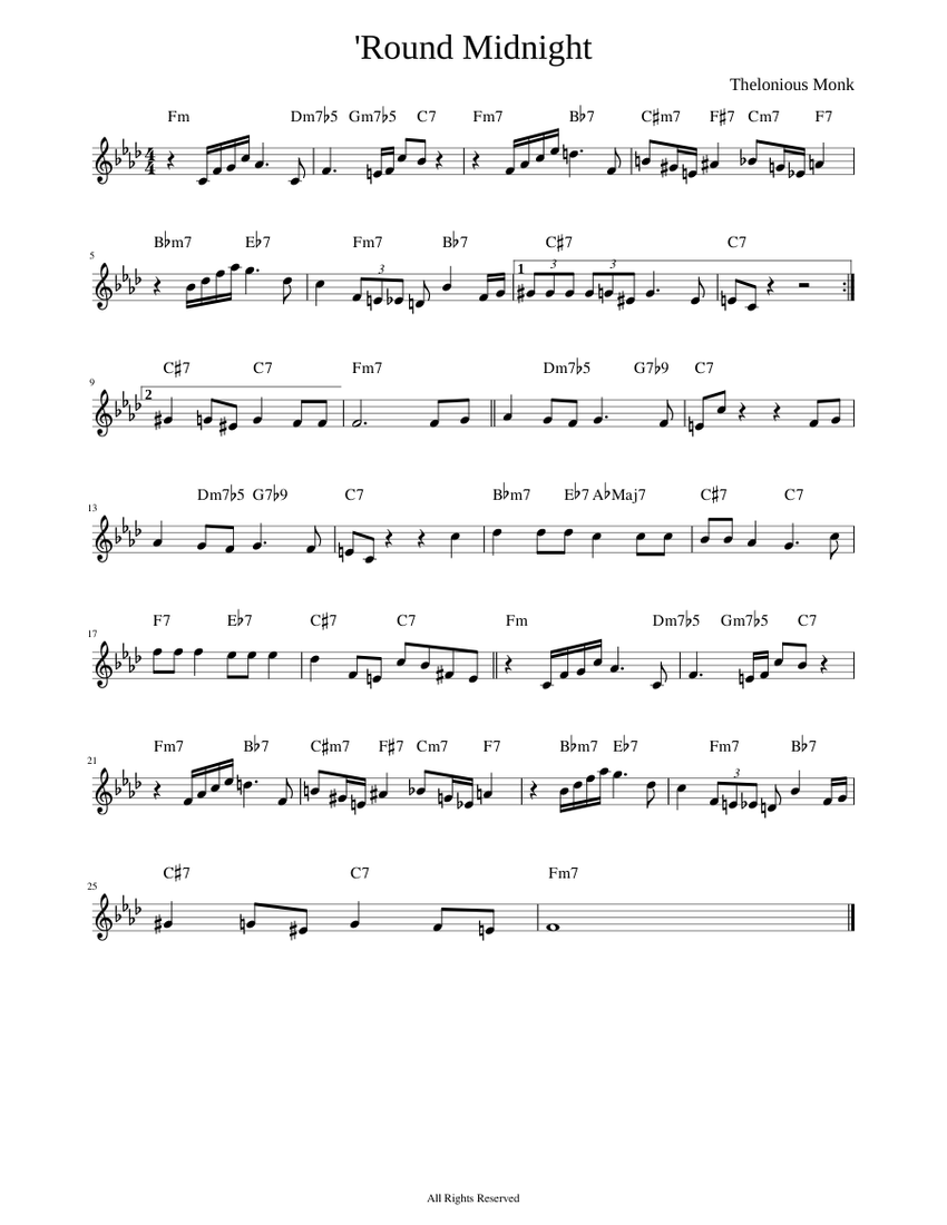 'Round Midnight - Bb Sheet Music with Chords for Piano (Solo ...