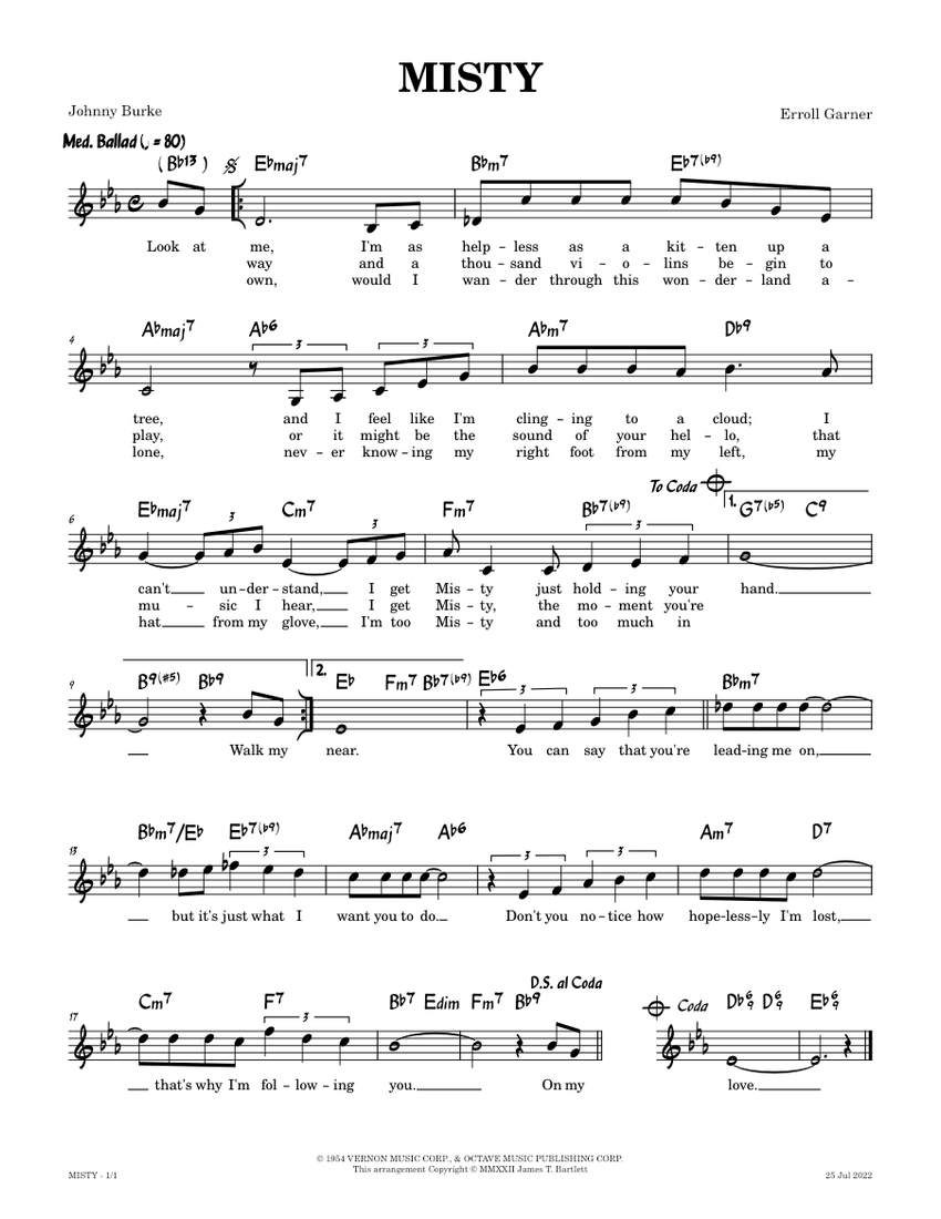 Misty [lead sheet] Sheet Music with Chords for Piano (Solo) Easy | MuseScore.com