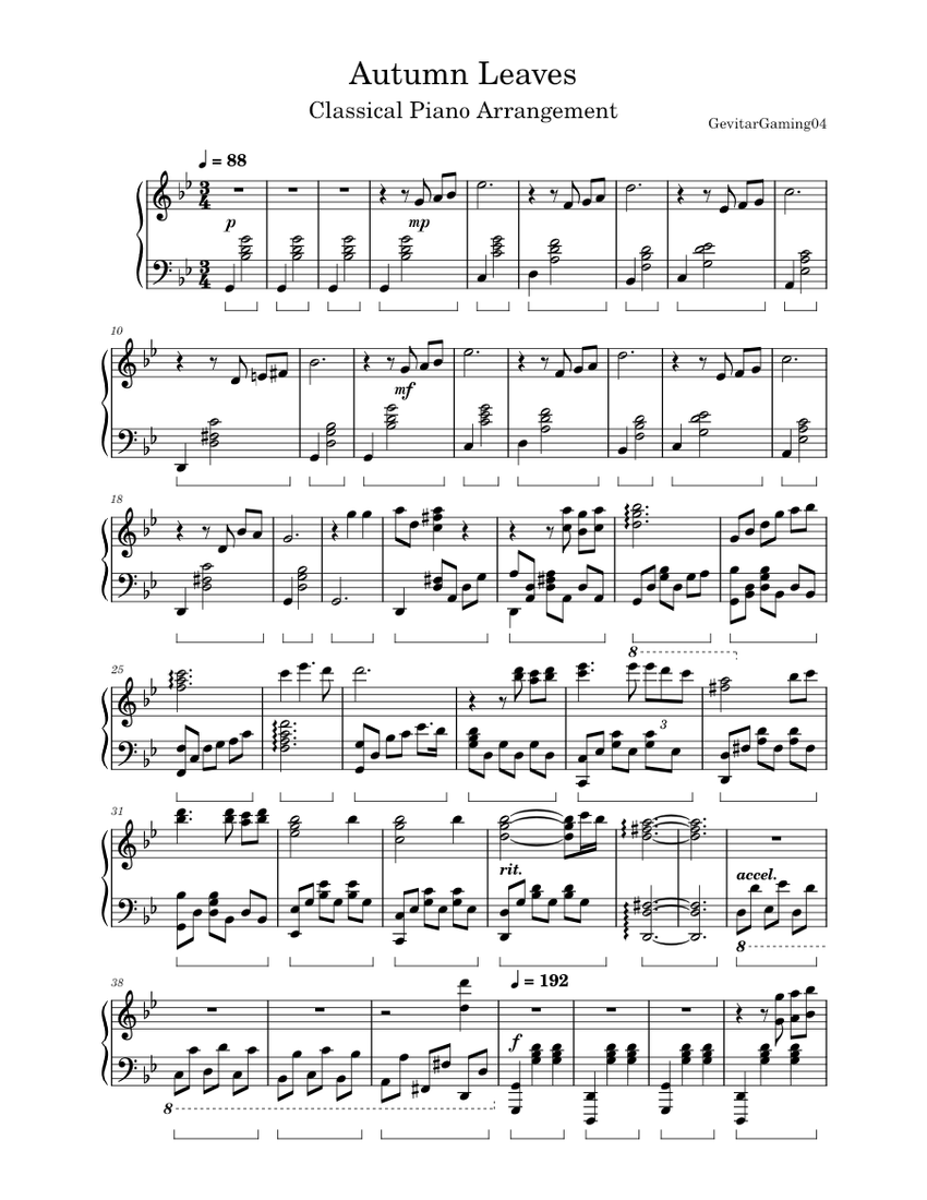 Autumn Leaves – Classical Piano Arrangement Sheet Music for Piano (Solo ...