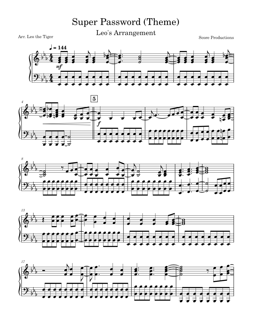 Super Password (Theme) - Score Productions Sheet Music for Piano (Solo ...
