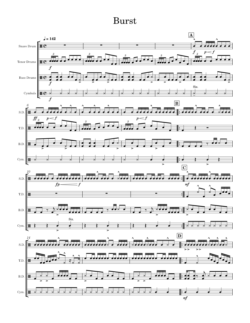 Burst Sheet music for Snare drum, Crash, Tenor drum, Bass drum (Drum ...