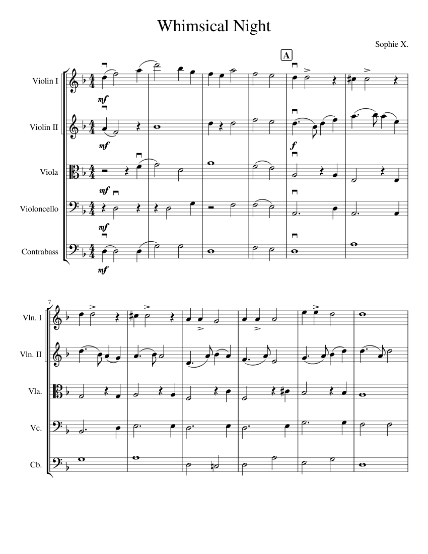 Whimsical Night Sheet music for Contrabass, Violin, Viola, Cello ...