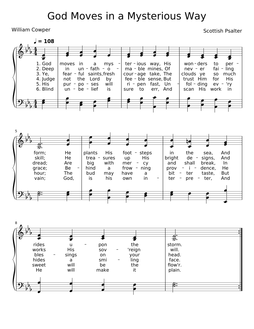 God Moves in a Mysterious Way Sheet Music for Piano (Solo) easy ...