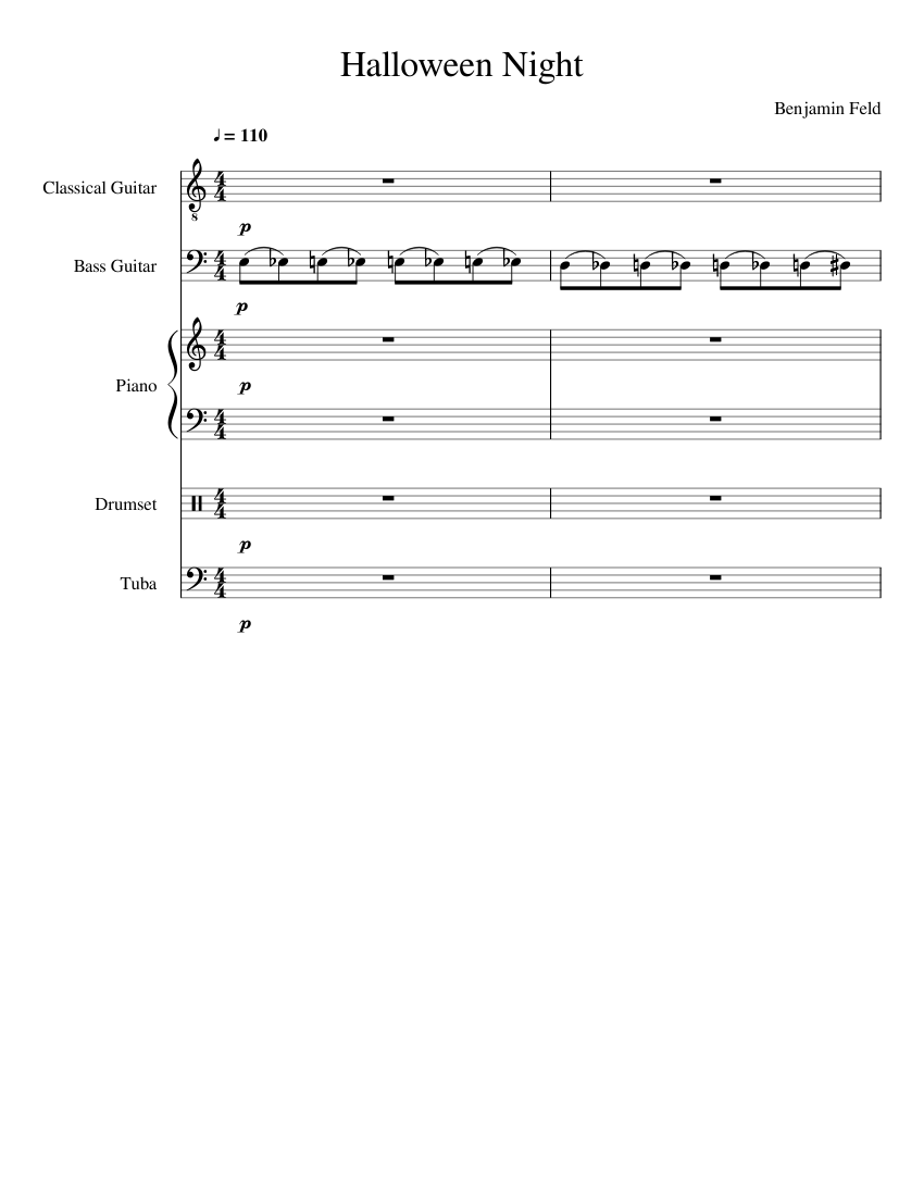 Halloween Night - An Original Song Sheet Music for Piano, Tuba, Guitar ...