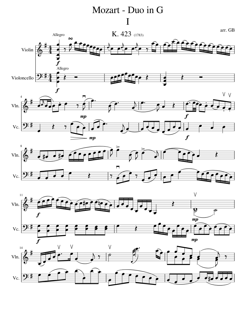 Mozart Duo-1st Sheet music for Violin, Cello (String Duet) | Musescore.com