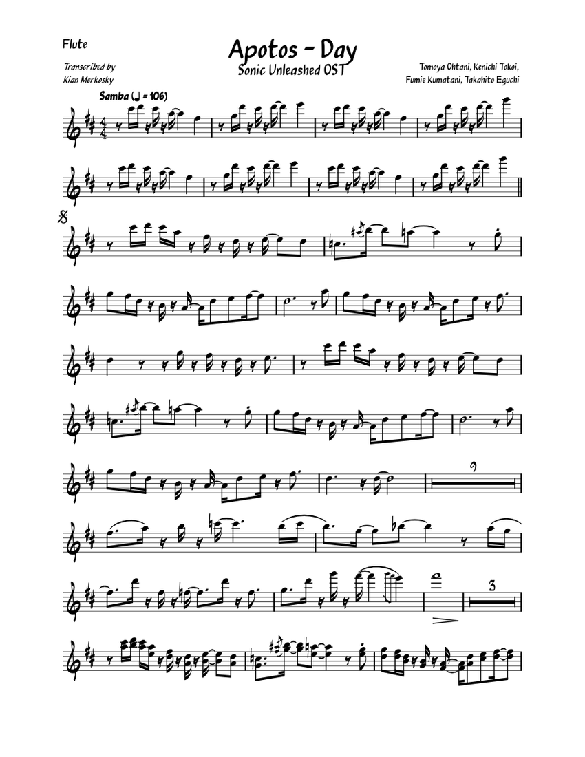 Apotos Day Theme - Sonic Unleashed – Nintendo Sheet Music for Flute ...