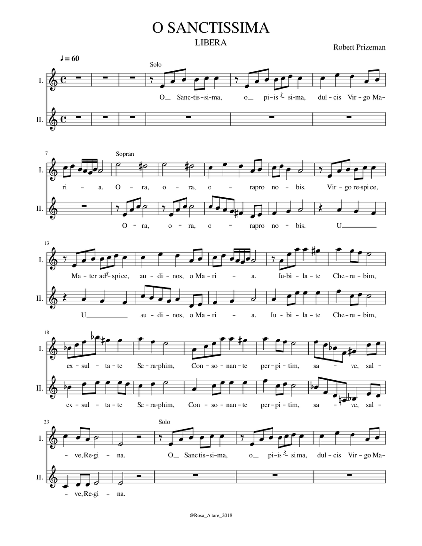 O Sanctissima (Robert Prizeman - Libera) Sheet Music for Vocals (Women ...
