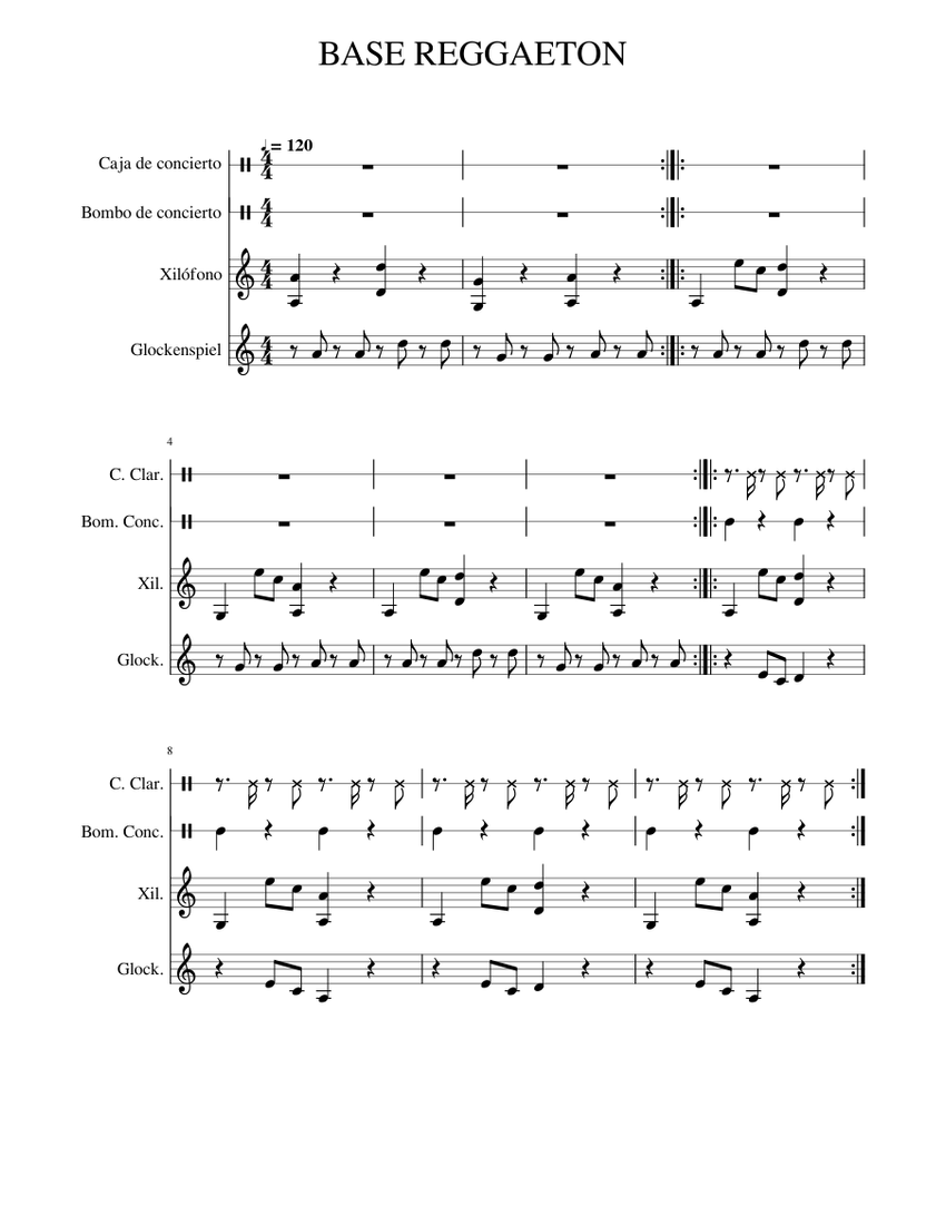 BASE REGGAETON Sheet music for Glockenspiel, Snare drum, Bass drum ...