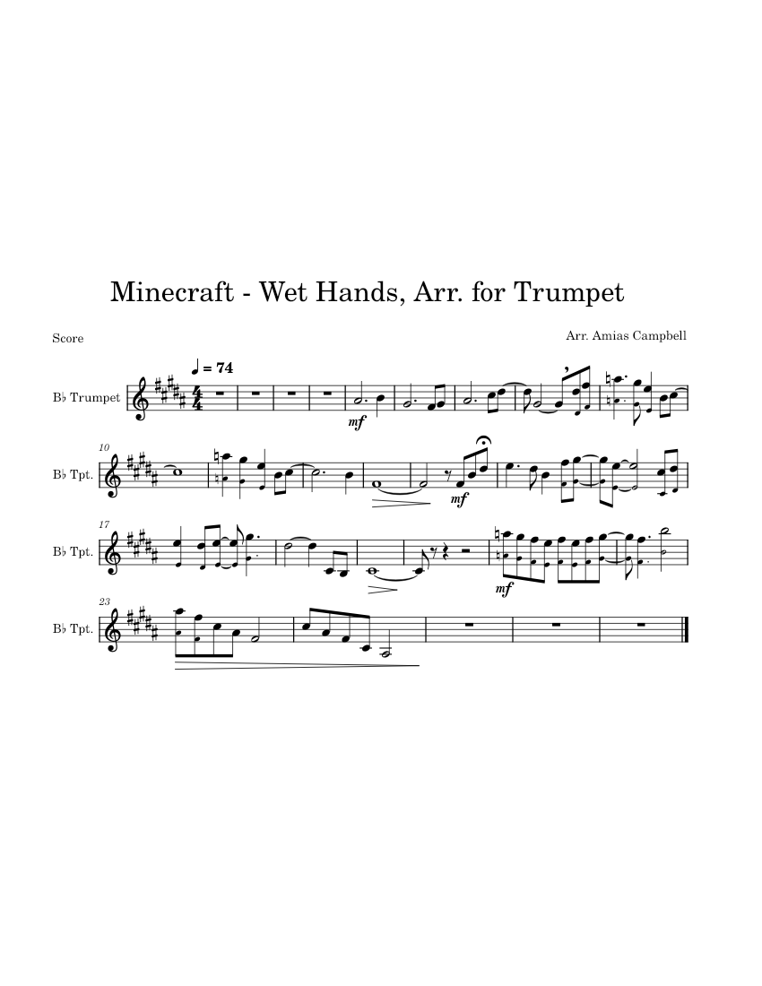 Minecraft - Wet Hands, Arr. for Trumpet Sheet Music for Trumpet in b ...