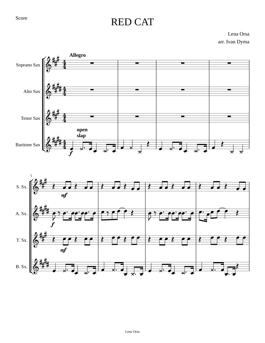 RED CAT for Saxophone Quartet - piano tutorial