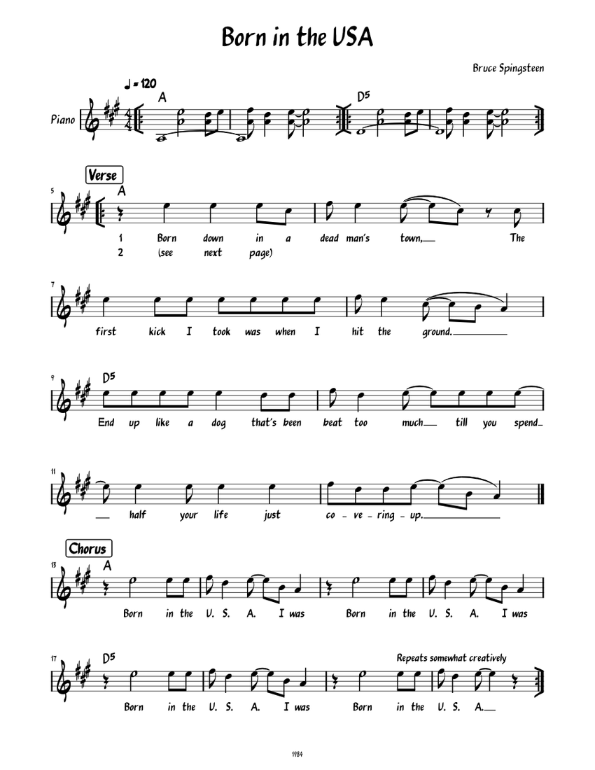 Born in the USA (Lead sheet with lyrics ) Sheet Music with Chords for ...