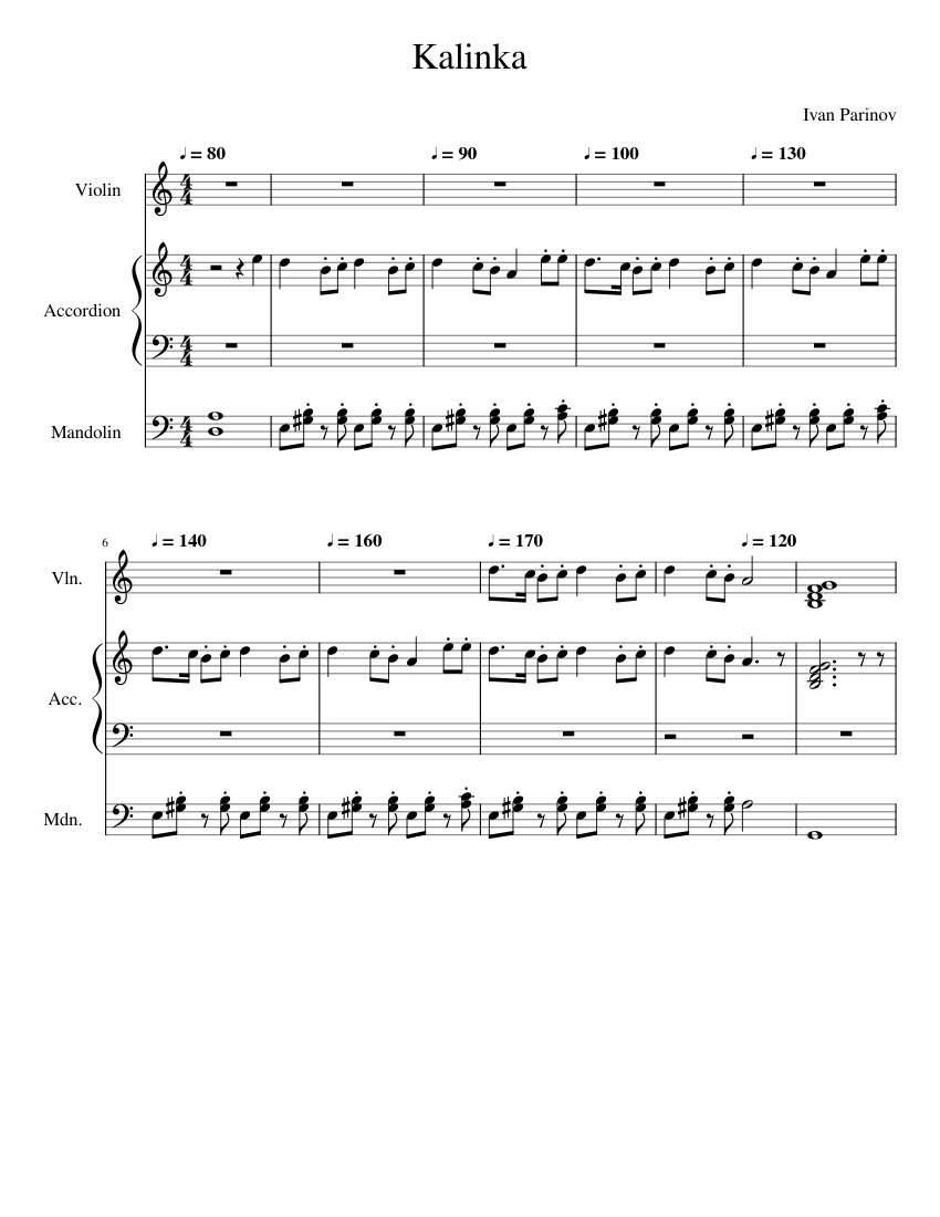 Kalinka Sheet Music for Accordion, Violin, Mandolin (Mixed Trio ...